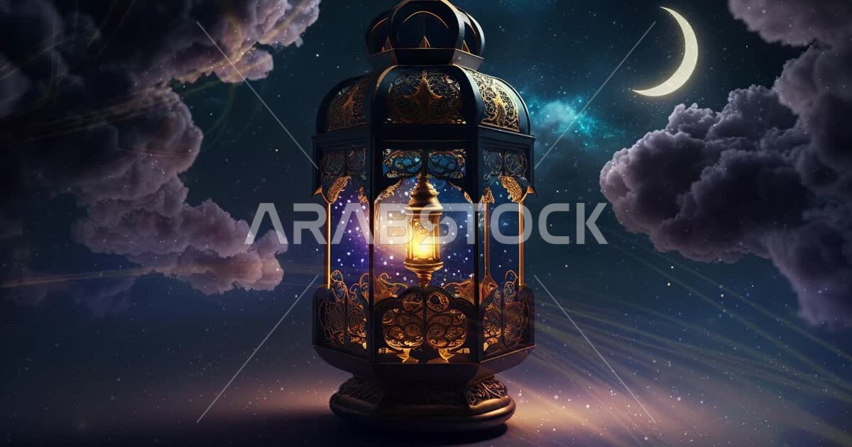 Close-up of a luminous traditional metal lantern, Ramadan lighting and ...